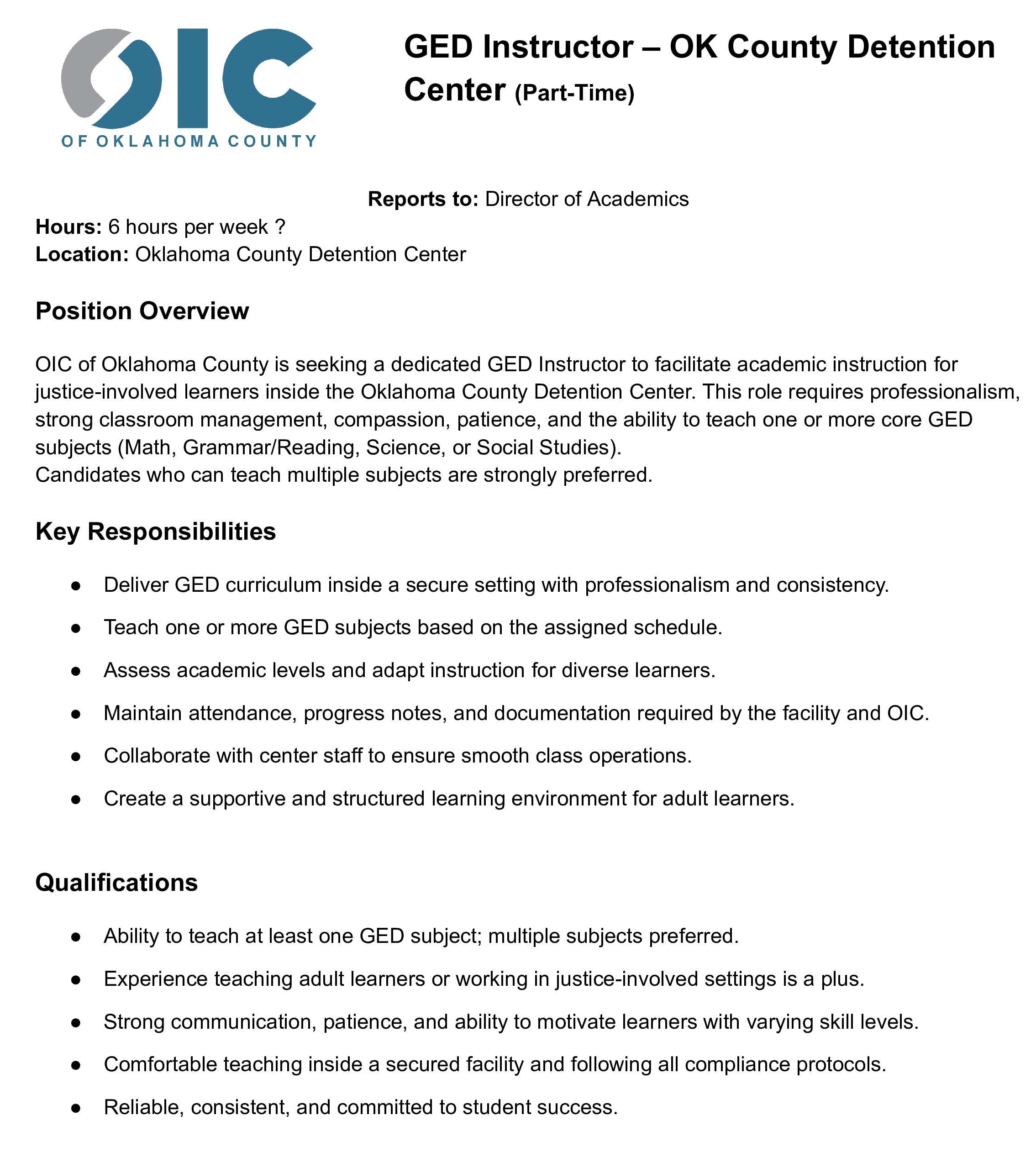 OICOKC | GED Instructor - OK County Detention Center